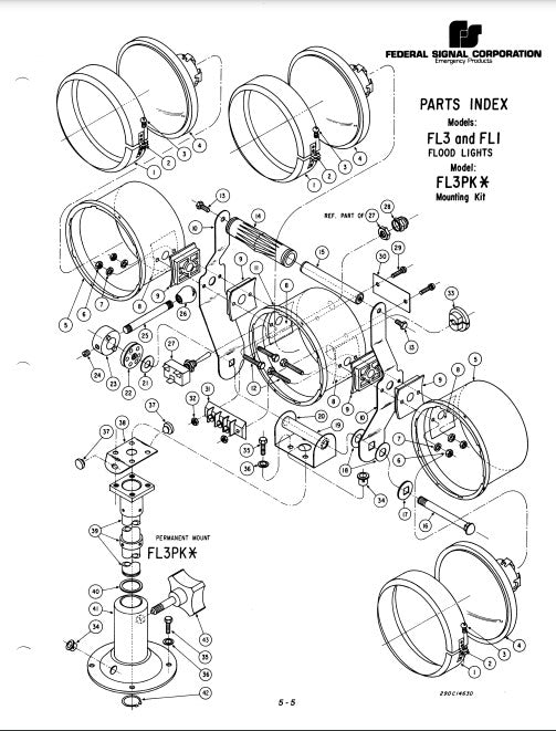 Federal Signal Flood Light Model FL1 FL3 FL3PK - Parts List