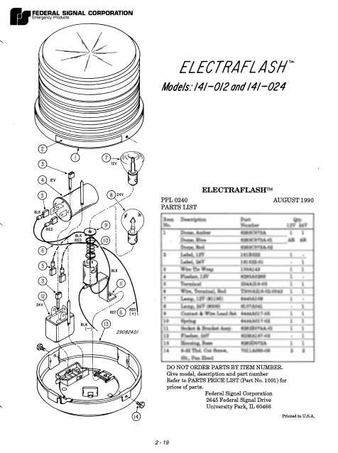 Federal Signal Light ElectraFlash Model 141-012 141-024 - Parts List