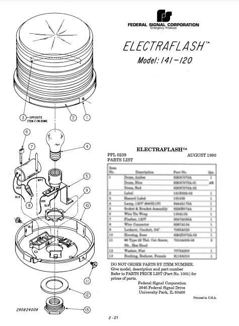 Federal Signal Light ElectraFlash Model 141-120 - Parts List