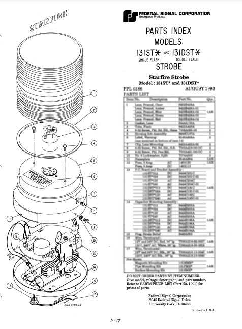 Federal Signal Light StarFire Strobe Model 131ST 131DST - Parts List